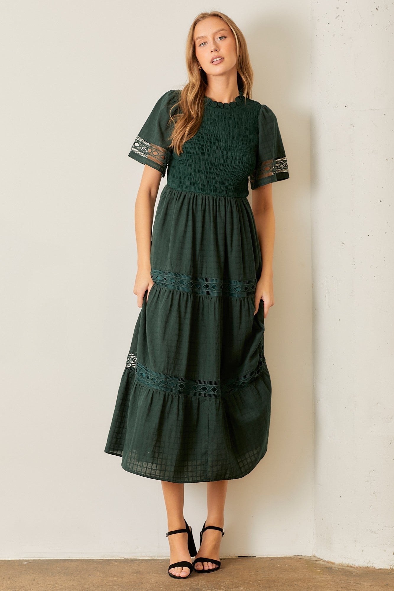 Woodland Serenade | Smocked Bodice Maxi Dress With Lace Trim Detail ...