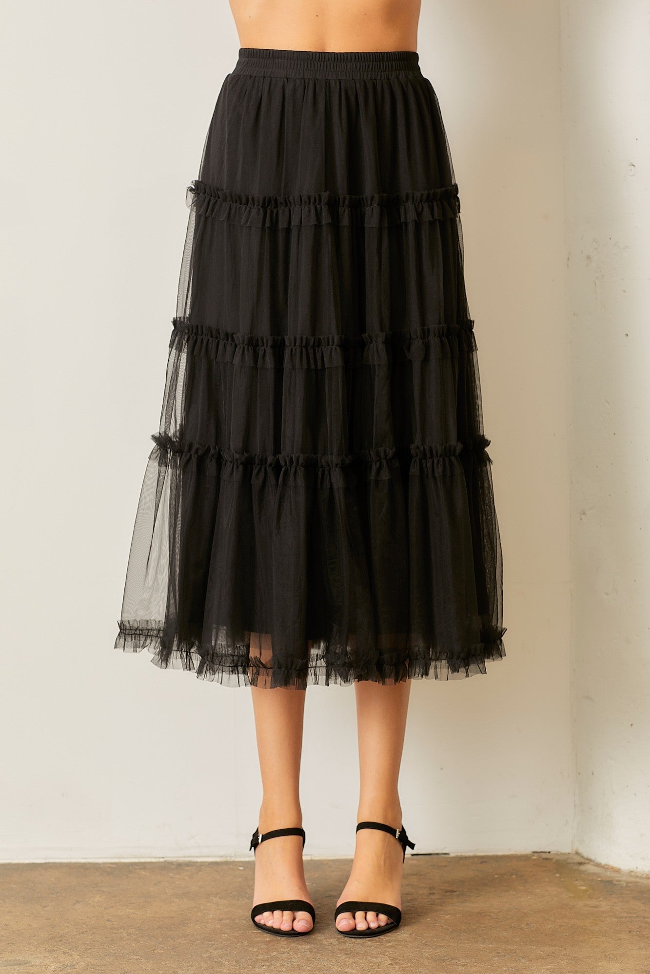 Whimsical Waltz | Tulle Ruffle Midi Skirt | Black *FINAL SALE* – The ...